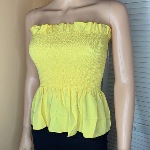 Tops | New Frilly Ruffled Shirred Yellow Tube Top Sleeveless Top S ...